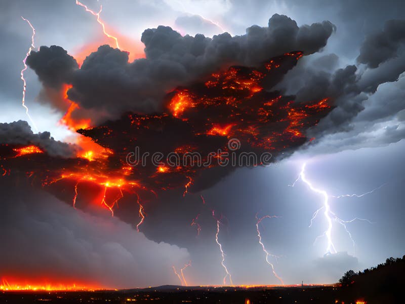 Lightning and Fire Cloud in the Sky, Ai Generated Stock Illustration ...