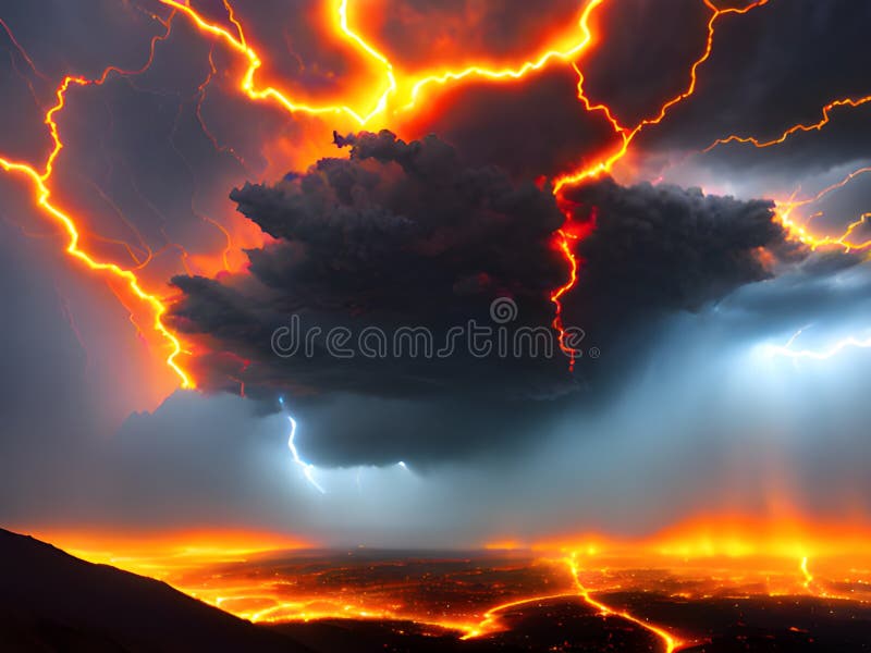 Lightning and Fire Cloud in the Sky, Ai Generated Stock Illustration ...