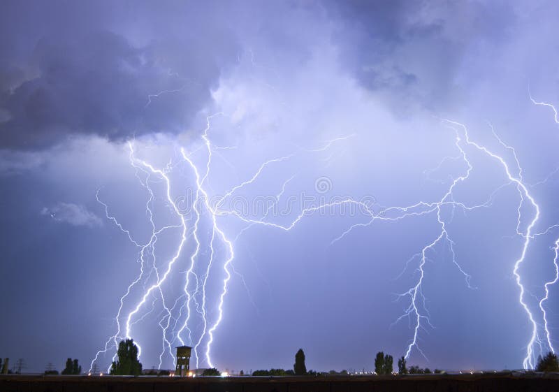 Lightning Flash Over a City Lectricity Blast Storm Stock Image - Image ...
