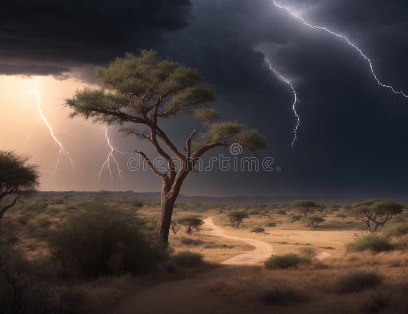 Lightning Flashes in the Sky Over the African Savannah Stock ...