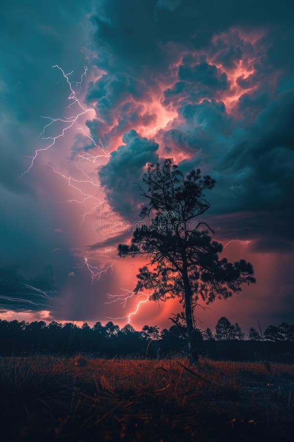 Lightning Hits a Tree, Beautiful Storm Clouds in the Sky at Night Stock ...
