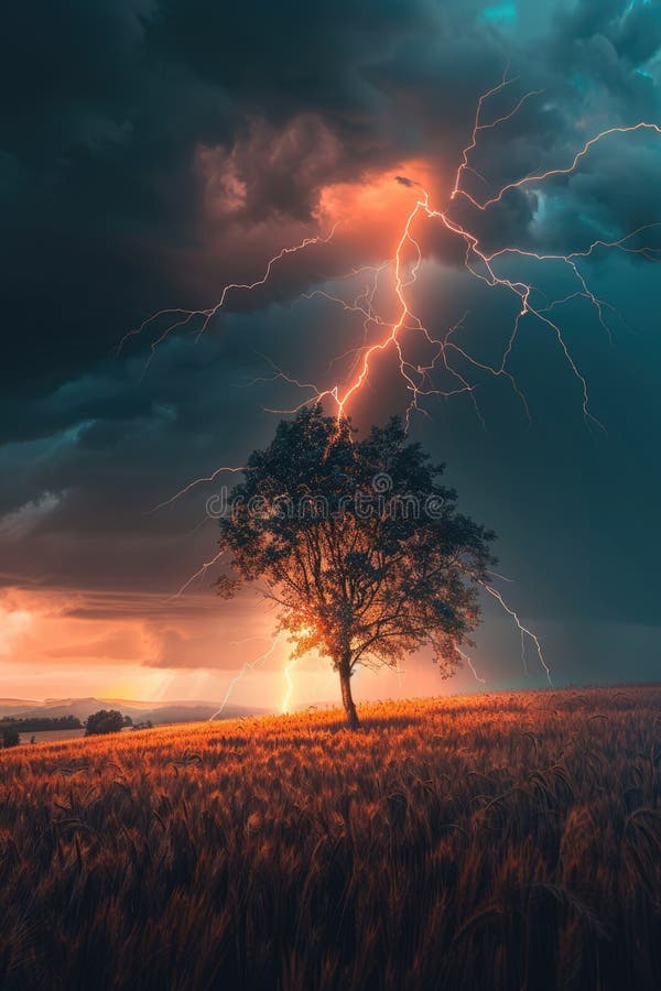 Lightning Hits a Tree, Beautiful Storm Clouds in the Sky at Night Stock ...