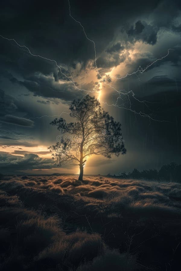 Lightning Hits a Tree, Beautiful Storm Clouds in the Sky at Night Stock ...