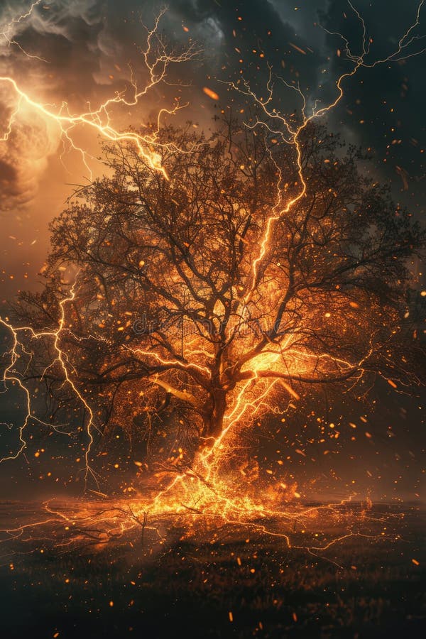 Lightning Hits a Tree, Beautiful Storm Clouds in the Sky at Night Stock ...