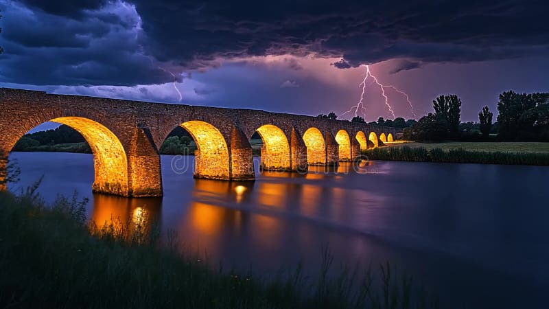 Lightning Illuminates Ancient Stone Bridge Under Stormy Night Sky in ...