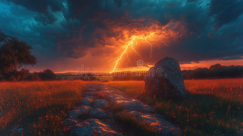 Lightning Illuminates Ancient Stone Circle during Dramatic Stormy Skies ...