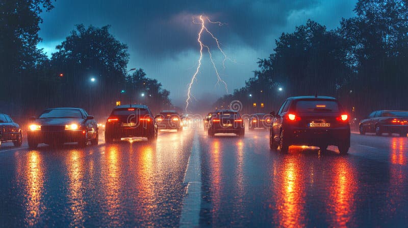 Lightning Illuminates a Rainy Highway Under a Dramatic Cloudy Sky with ...