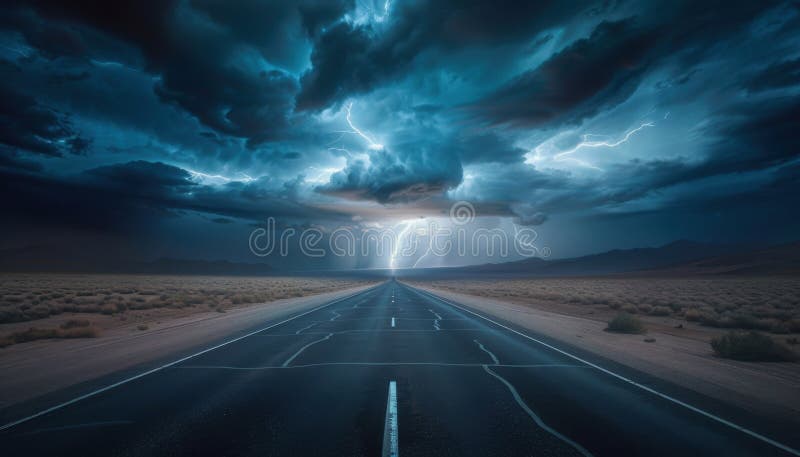 Dark Storm Clouds and Lightning Over a Deserted Highway at Dusk Stock ...