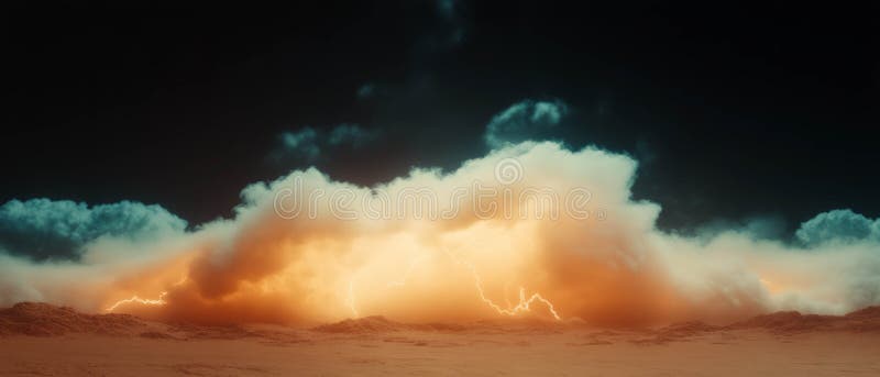 Lightning Illuminates Smoke in a Vast Desert Landscape Against a Dark ...