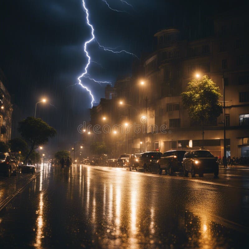 Lightning in the Middle of the City at Night and Light Rain, Creating ...