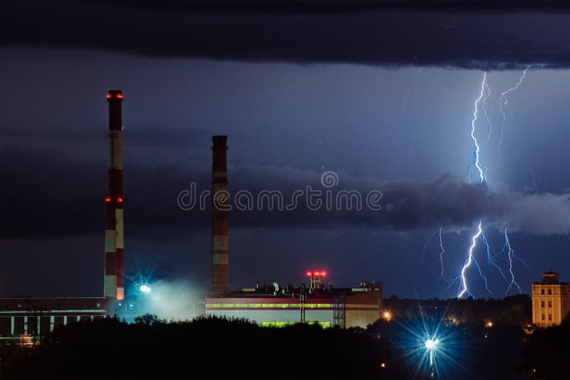 Lightning at Night Near the Factory Stock Photo - Image of excitement ...
