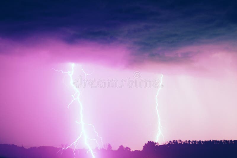 Lightning in the Night with Red Sky during Stormy Weather Stock Image ...