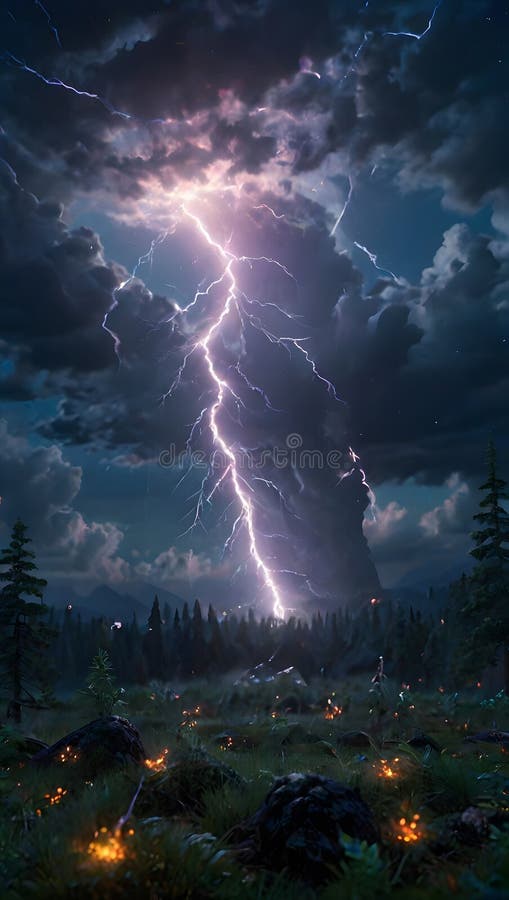 Lightning in the Night Sky. Thunderstorm Over the Forest Stock ...