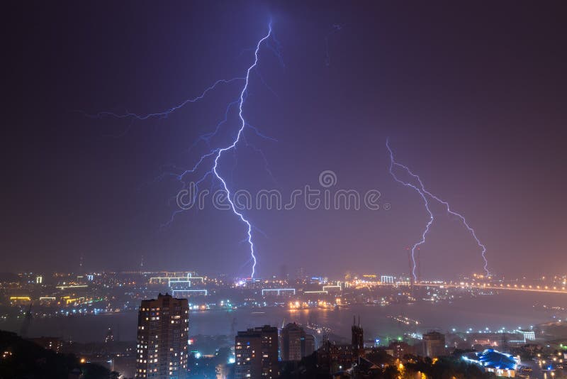 Lightning over city. stock image. Image of bright, danger - 63490675