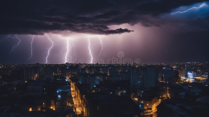 Lightning Over the City a Dramatic Scene of a Lightning Storm Over the ...