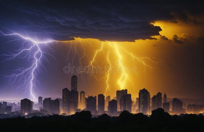 Lightning Over City with Heavy Black Clouds Thunderstorm Stock ...