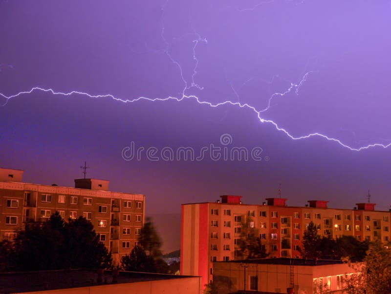 Lightning Over City Houses - Long Exposure at Night Stock Photo - Image ...