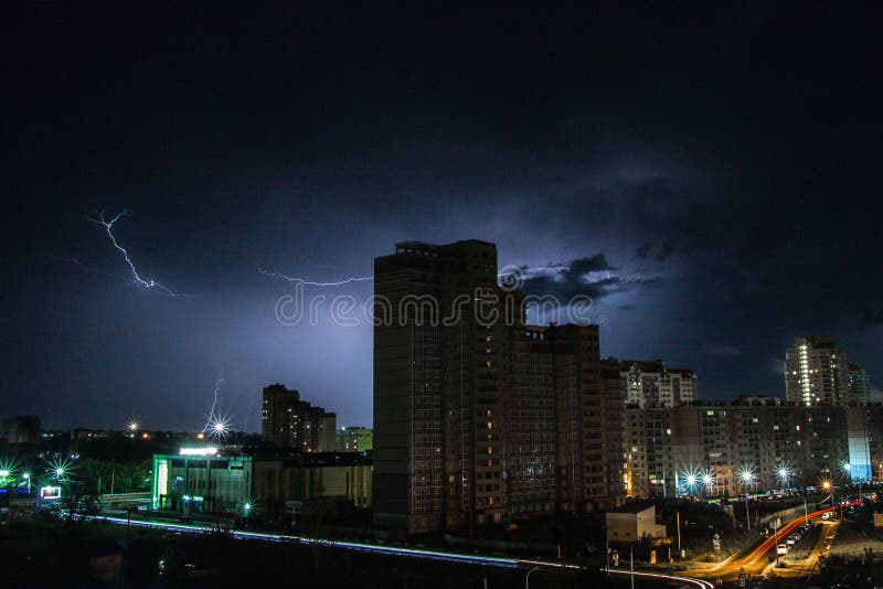 Lightning Over the City at Night Stock Image - Image of aerial, danger ...