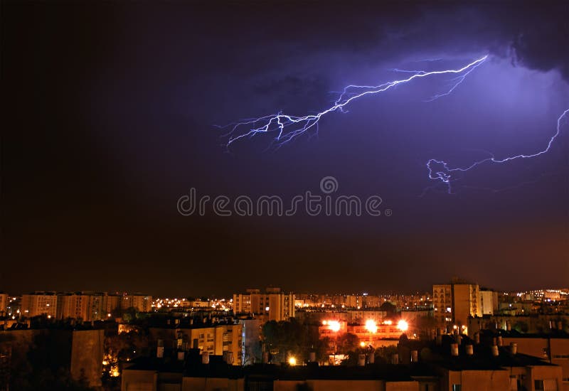 Lightning Over the City at Night Stock Photo - Image of electric, city ...