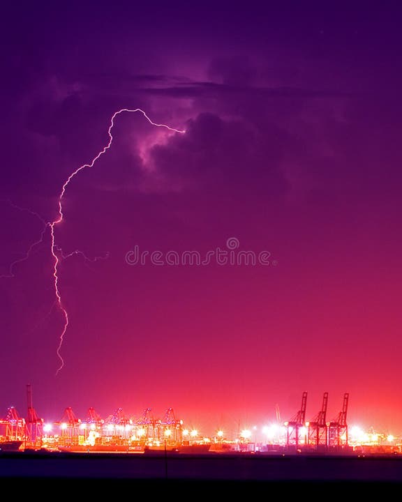 Lightning Over the Container Port Stock Image - Image of energy, storm ...