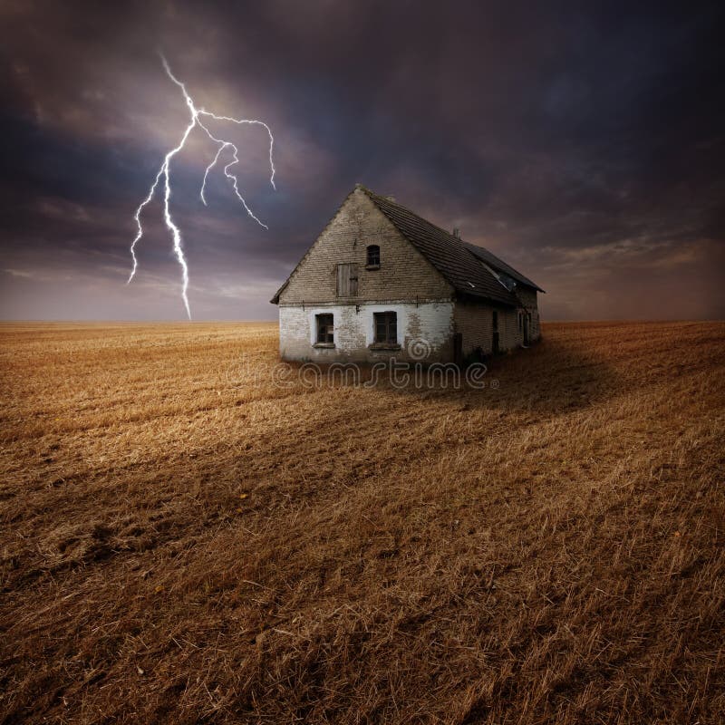 Lightning Over Farm in Field Stock Image - Image of scenery, building ...