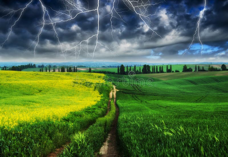 Lightning Over the Field. Evening Thunderstorm in a Hilly Field Stock ...