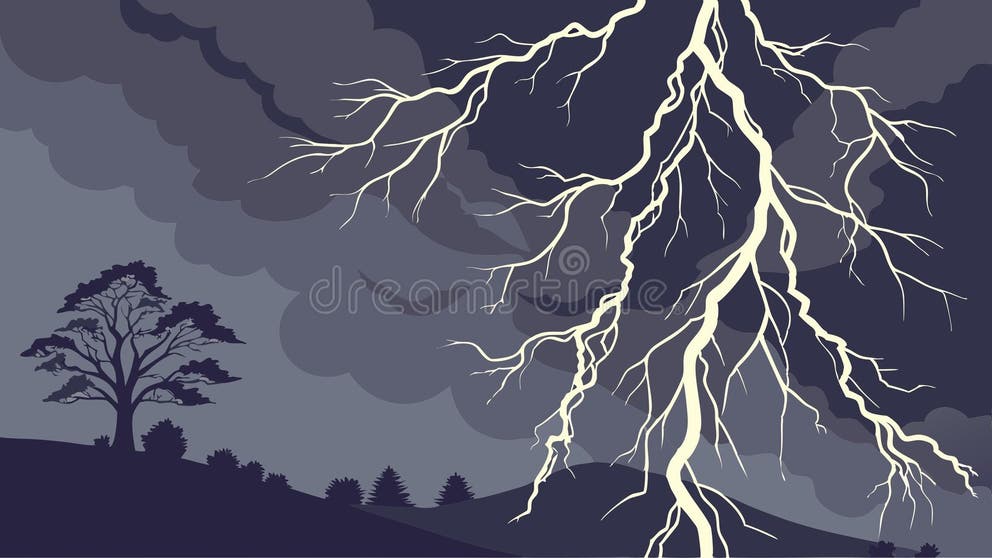 Lightning Over Forest, Dramatic Storm Scene, Vector Design Generative ...