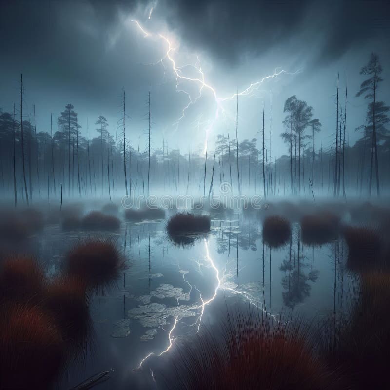 Lightning Over a Marshland the Swampy Mist Covered Marsh is Brie Stock ...
