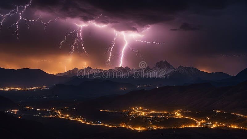 Lightning Over the Mountains a Cosmic Dance of Forces, Where the ...