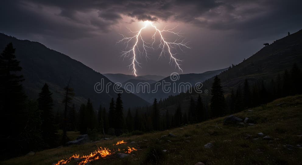 Lightning Over Mountains and Fire - Generated Using Ai Stock Photo ...