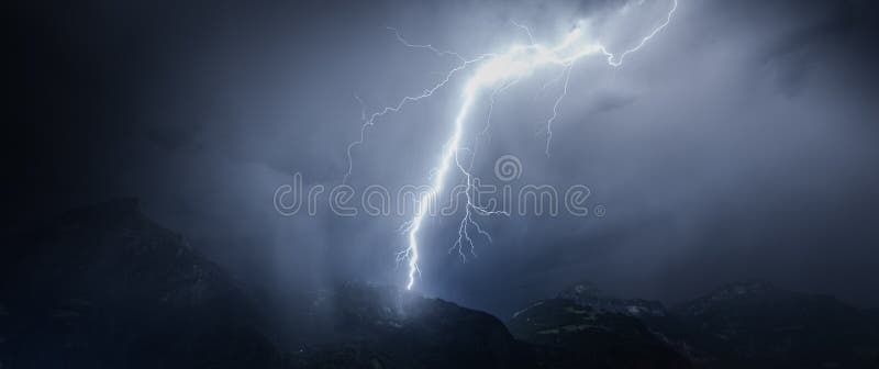 Lightning Over Mountains and Lake. Switzerland Stock Image - Image of ...