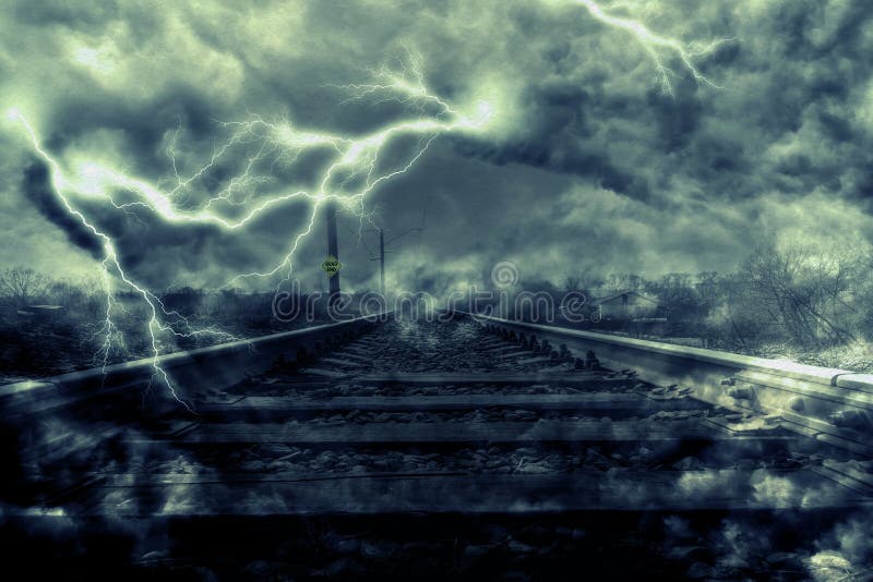Lightning over Railroad stock illustration. Illustration of flash ...