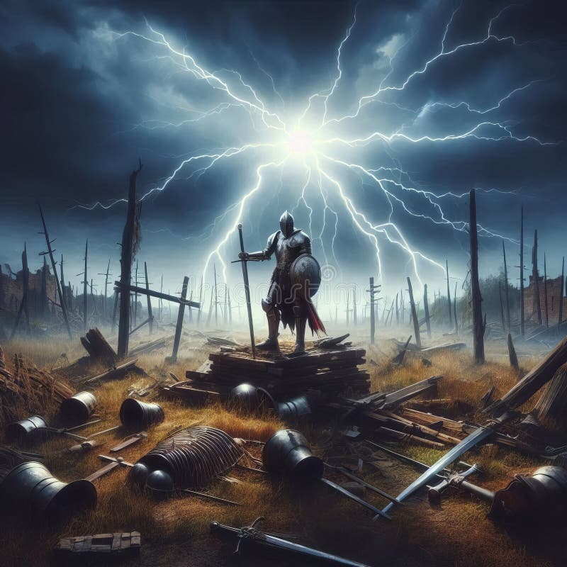 Lightning Over a Ruined Battlefield the Remnants of an Old Battl Stock ...