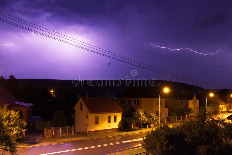 Lightning over the street stock photo. Image of city - 98065662