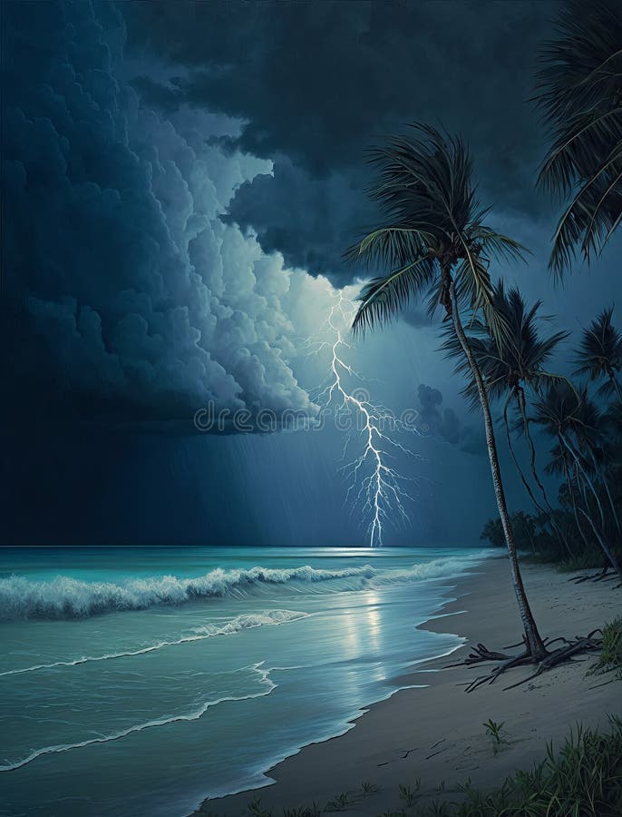 Lightning Over Tropical Beach Stock Illustration - Illustration of wind ...