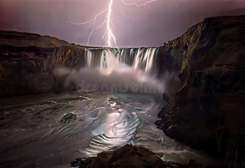 Lightning Over a Waterfall a Towering Waterfall is Illuminated B Stock ...