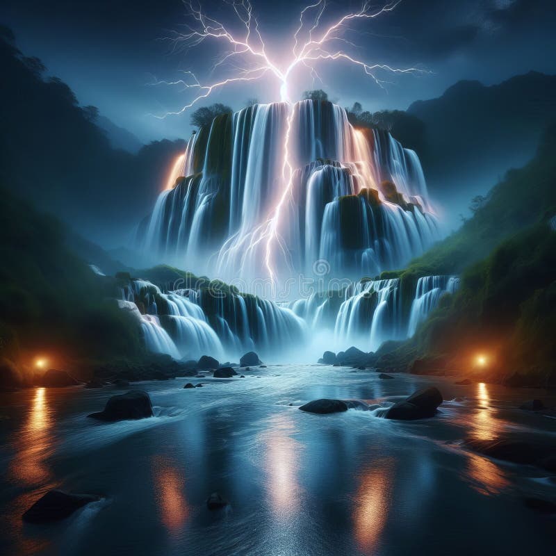 Lightning Over a Waterfall a Towering Waterfall is Illuminated B Stock ...