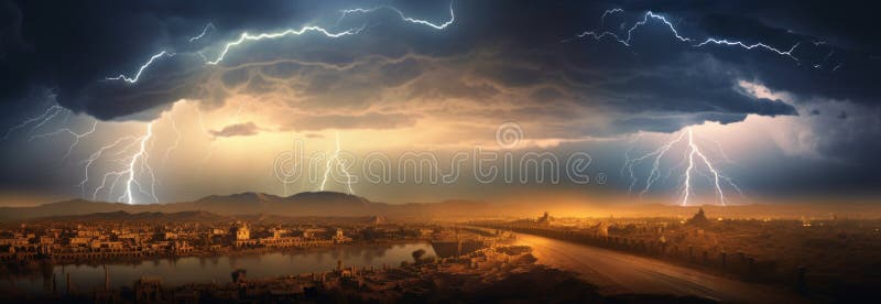 Lightning and a Rocket Shot Over the City Stock Photo - Image of ...