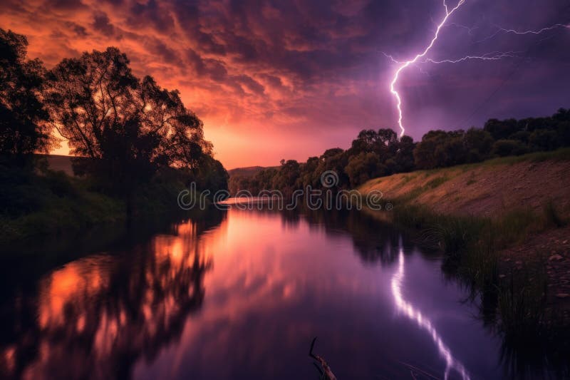 Lightning Storm Above a Winding River at Twilight Stock Illustration ...