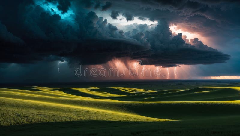 Lightning Storm Approaching Green Hills of Wheat Field Stock Illustration - Illustration of ...
