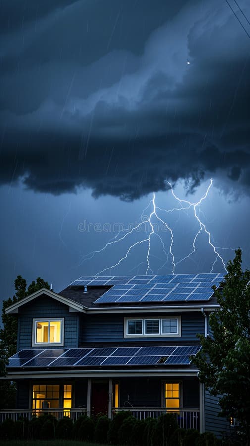 Lightning Storm Approaching a Residential Building with Solar Panels ...