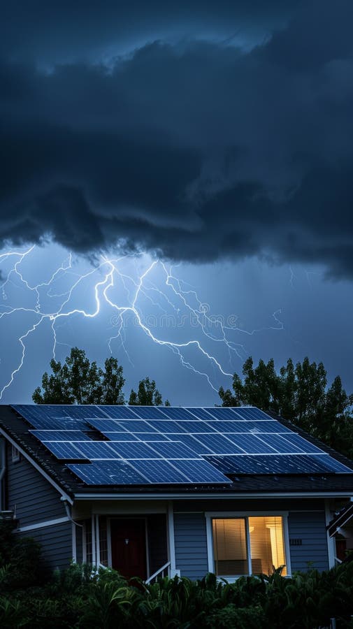 Lightning Storm Approaching a Residential Building with Solar Panels ...