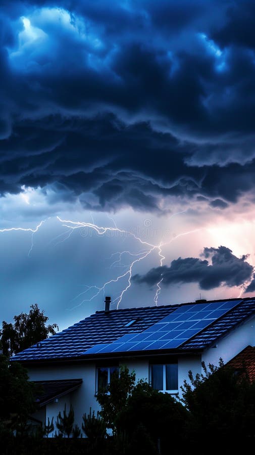 Lightning Storm Approaching a Residential Building with Solar Panels ...