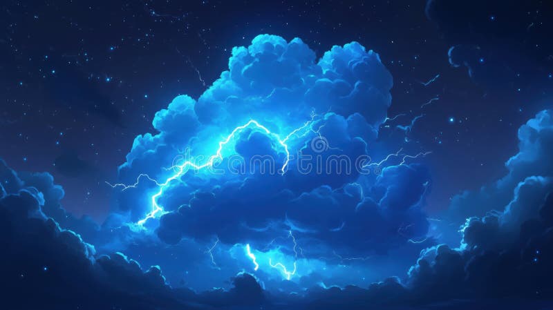 Lightning Storm Clouds Illuminated by Blue Light, Starry Night Sky ...