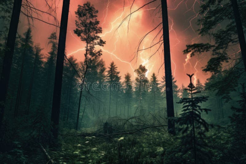 Lightning Storm Creating an Eerie Glow in a Forest Stock Illustration ...