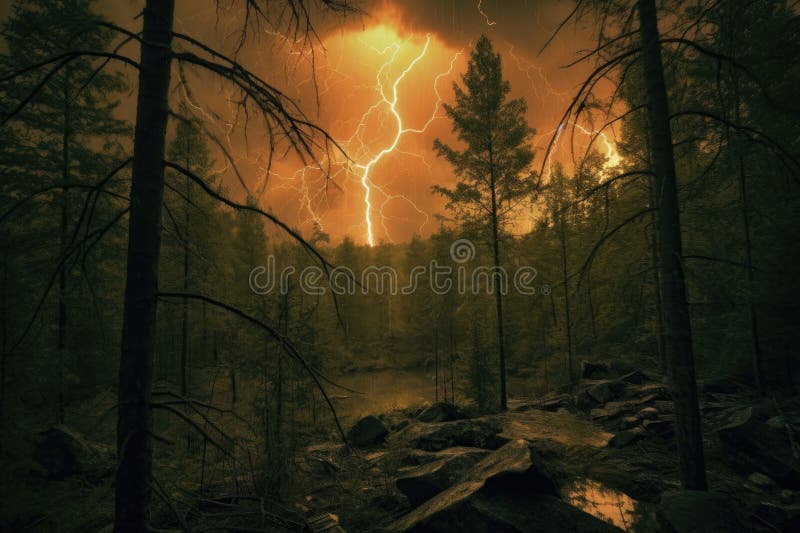 Lightning Storm Creating an Eerie Glow in a Forest Stock Illustration ...
