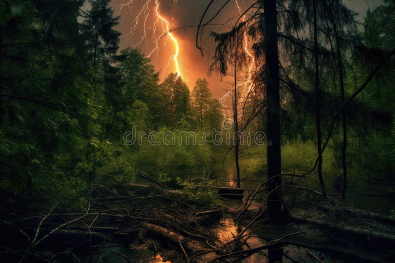 Lightning Storm Creating an Eerie Glow in a Forest Stock Illustration ...
