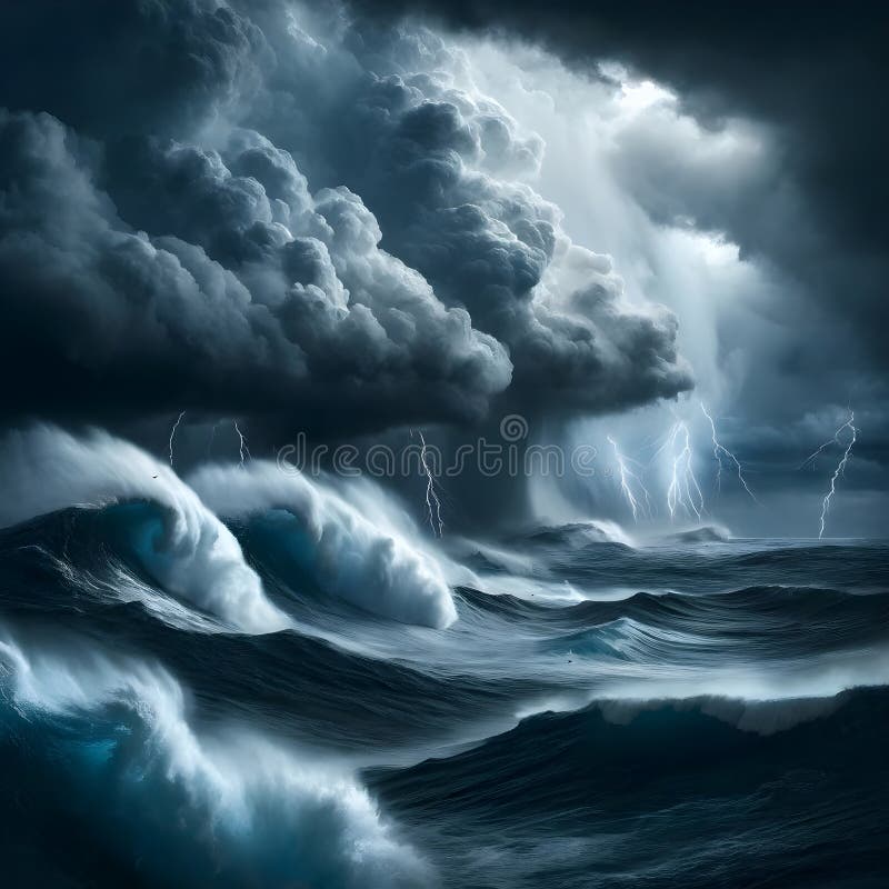 Lightning Storm Creating Huge Waves in Ocean at Night Stock ...