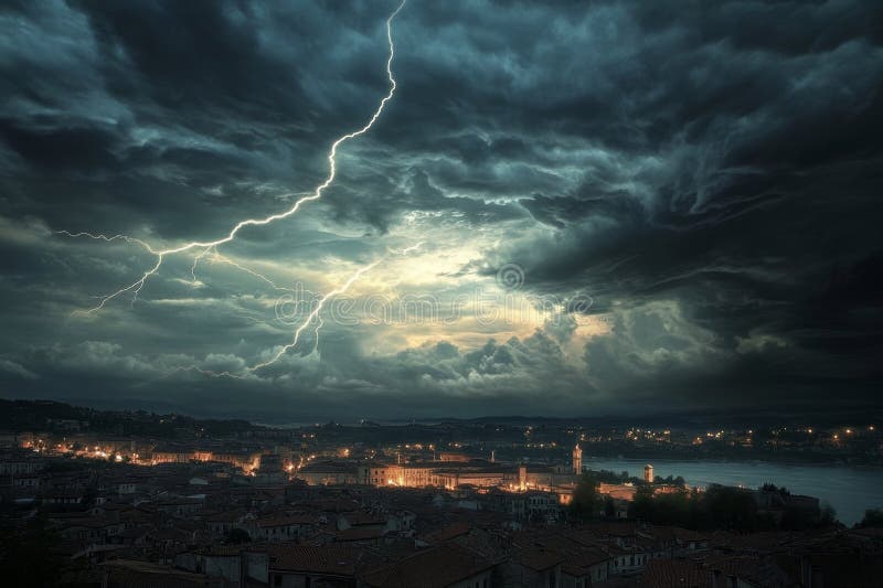 Lightning Storm Forming Above City with Dark Clouds Stock Photo - Image ...