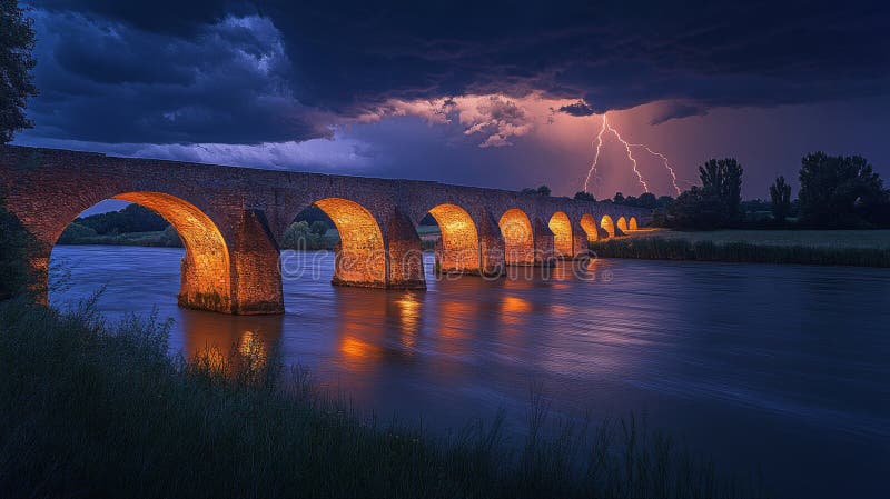 Lightning Storm Illuminates Ancient Stone Bridge during Evening Hours ...